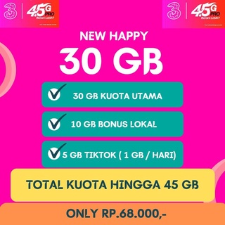 Jual Kuota / Paket Data Tri 30 GB Aon New Happy Pure Full 24 Jam 30 ...
