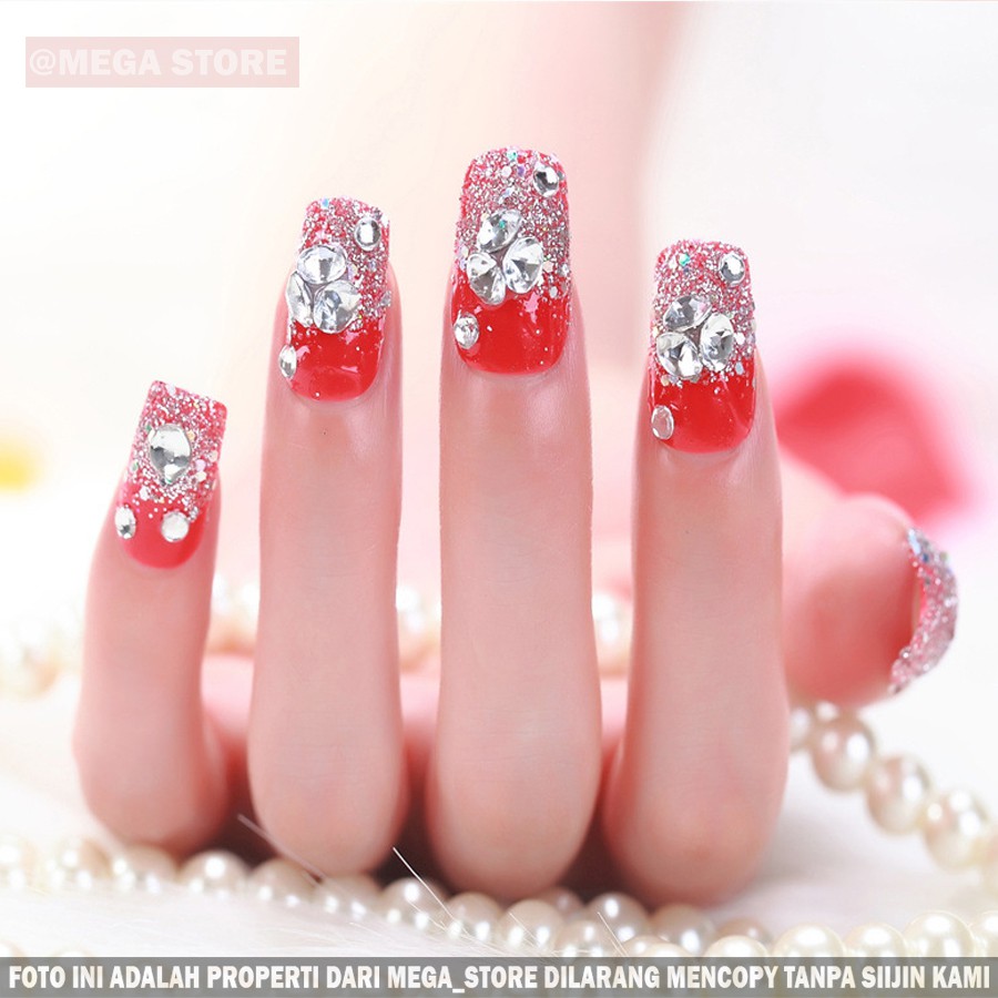 Jual KUKU PALSU 3D WEDDING SQUARE RED GLITTER DIAMOND /FAKE NAIL NAILS ...