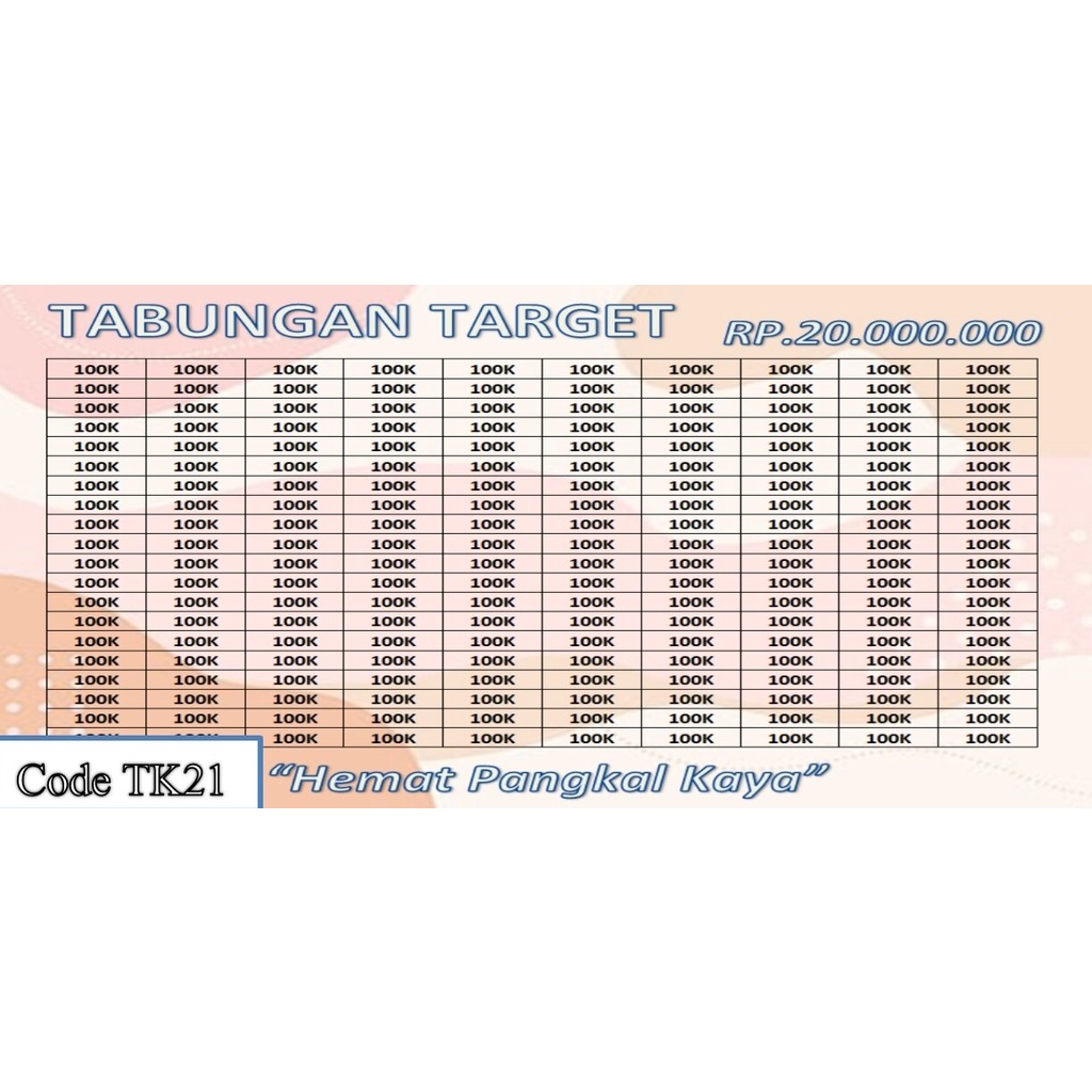 Jual 20JT100K Celengan Target 20 Juta Pecahan 100K TK21 Celengan