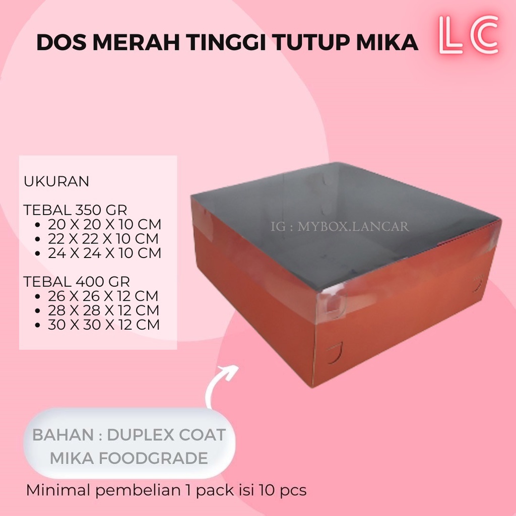 Jual (10 LEMBAR) BOX TART MERAH TUTUP MIKA 20 X 20 X 10 CM, DUS DOS KUE ...