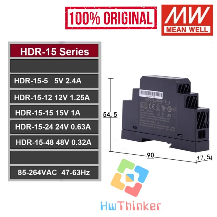 Jual MEAN WELL POWER SUPPLY DIN RAIL HDR-15-24-15-12 24V 12V 5V ...