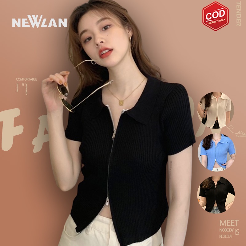 Jual Newlan WT015 Korean Cropped Zip Shirt Atasan Kemeja Resleting ...