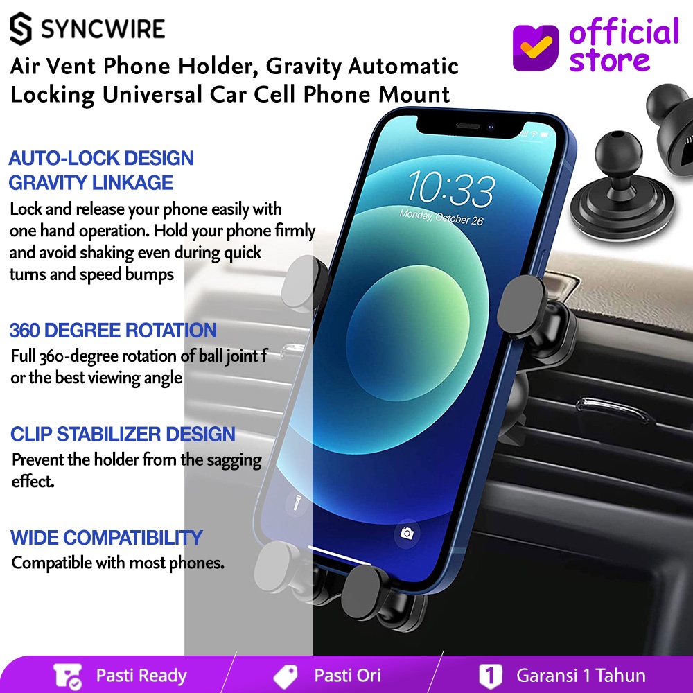 Jual Original Syncwire Gravity Auto Clamping Car Universal Phone Holder Mount 360 Air Vent Mobil ...