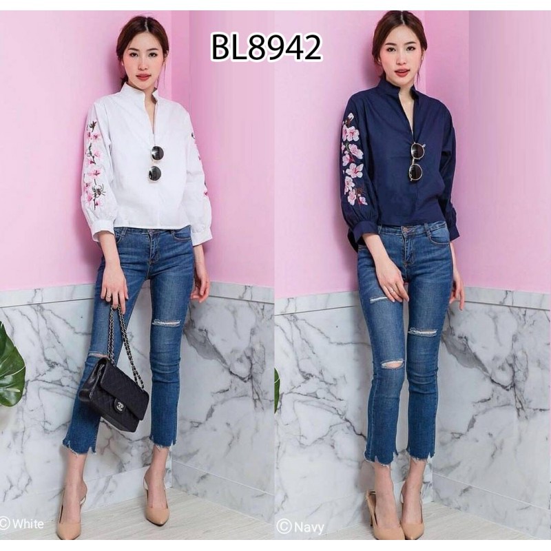 Jual Baju atasan blouse putih hitam bunga kerja kantor kekinian fashion cewek wanita modis murah ...