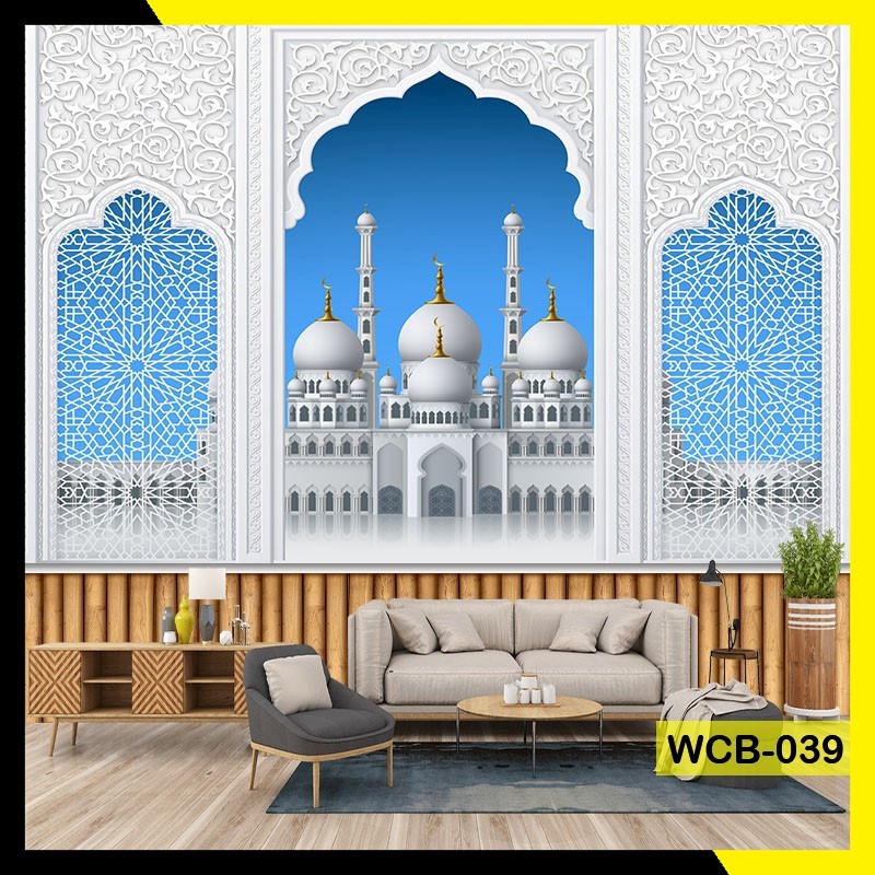 Masjid Warna Kuning Putih Background Dark Blue