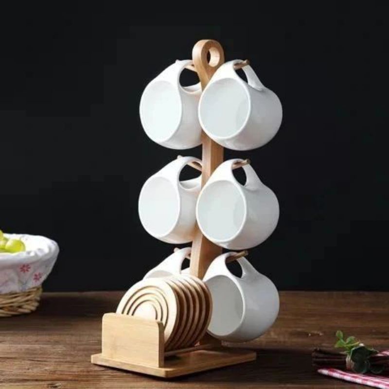 Jual {READY STOCK} Set Gelas Keramik Plus Stand Bambu /Gelas Set ...