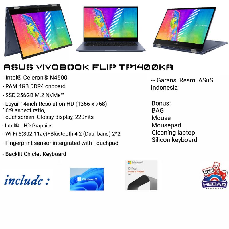Jual ASUS VivoBook Flip TP1400KA N4500 4GB 256GB Intel W11 OHS 14 Touch ...