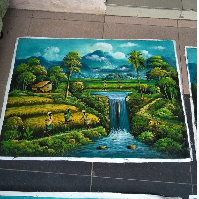 Jual lukisan pemandangan PANEN RAYA alam sawah panen raya padi murah ...