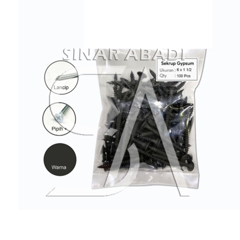 Jual SEKRUP GYPSUM 6 x 1-1/2 - SKRUP DRYWALL - BAUT GIPSUM HITAM ISI 100 PC | Shopee Indonesia