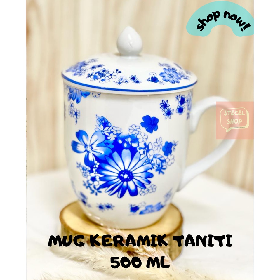 Jual Mug keramik Batik Taniti / Mug Tutup Astha Blue Series 300ml ...