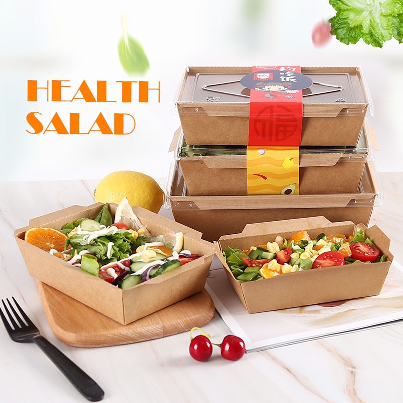 Jual Brown Paper Packing Box with pet lid/ kotak makan / Kotak salad ...