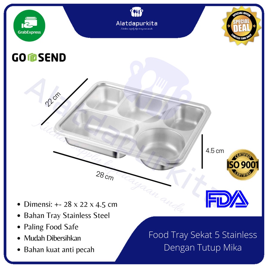 Jual Food Tray Piring Stainless Steel Lunch Box Set 5 Sekat Tebal ...