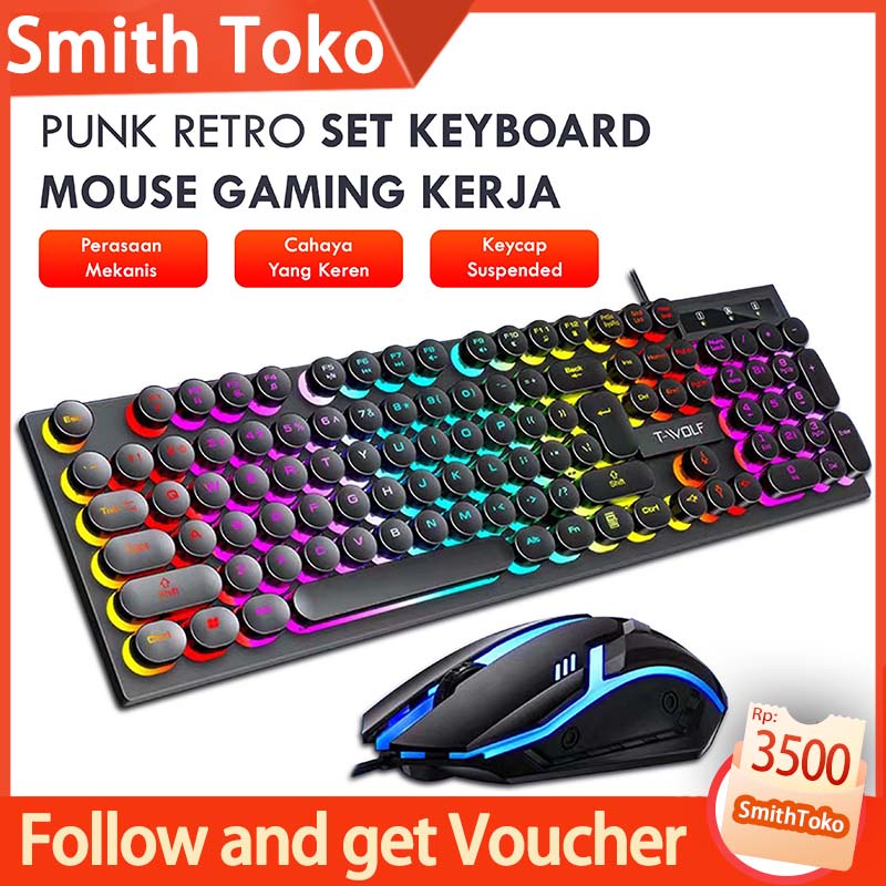 Jual Keyboard Gaming Bulat Punk Mechanical Komputer Set Gaming Mouse ...