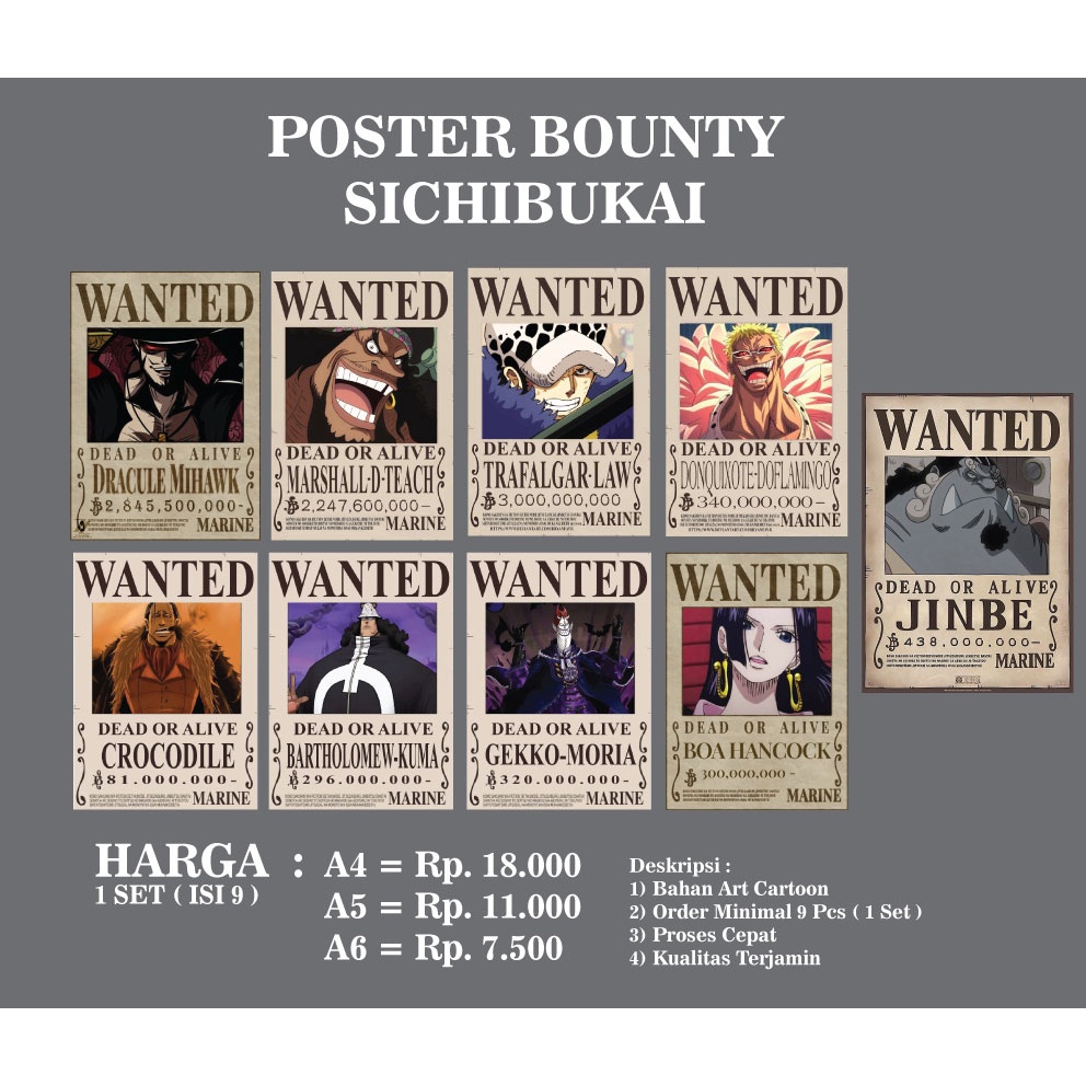 Jual Poster Bounty One Piece SICHIBUKAI 1SET A5 A6 A4 | Shopee Indonesia