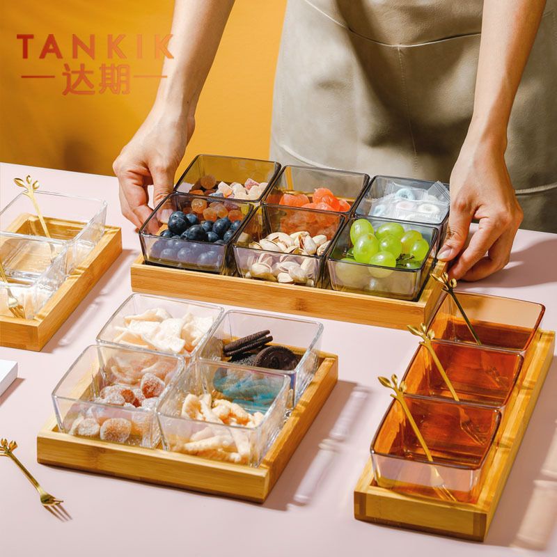 Jual Tempat snack kaca dengan nampan kayu / Set alat saji buah snack ...