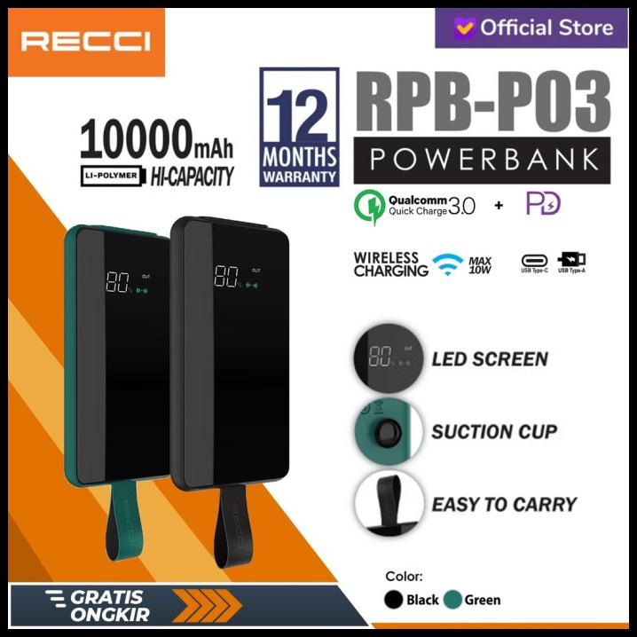 Jual Recci Power Bank Led Wireless Suction Cup Rpb-P03 10000Mah Hijau ...