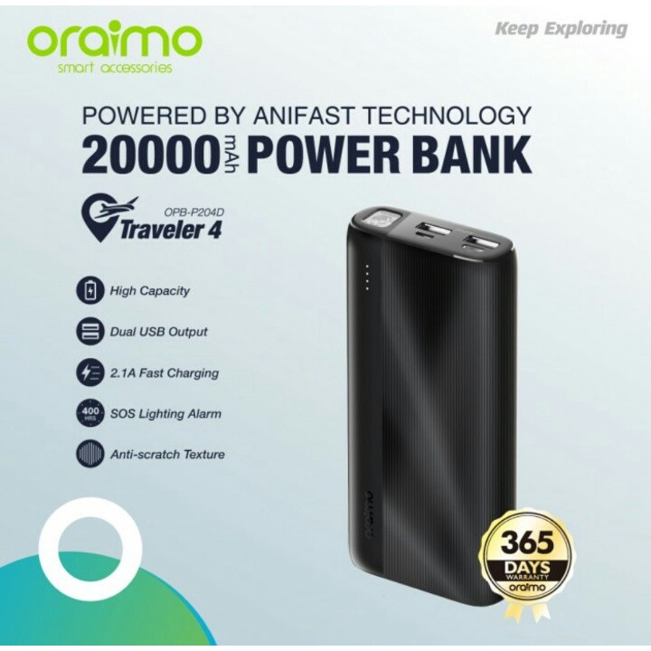 Jual ORAIMO POWERBANK OPB-P204D Power Bank 20000 mAh Dual Input Lampu LED - ORIGINAL | Shopee ...