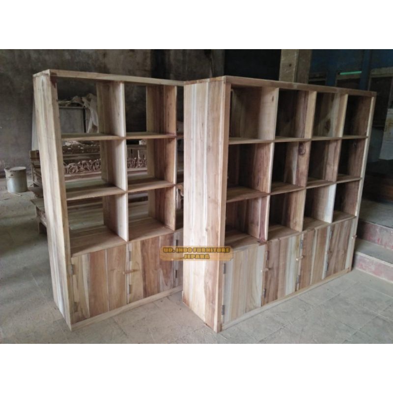 Jual rak hias besar lemari buku perpustakaan bahan kayu jati minimalis ...