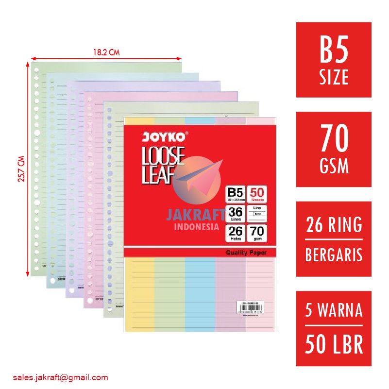 Jual (50 Lembar) Kertas Binder Note JOYKO Loose Leaf B5 Warna Pastel MIX Lengkap 70 Gsm 26 ...