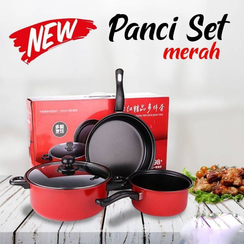Jual Panci set 3 in 1 panci Wajan Penggorengan Teflon Merah | Shopee Indonesia