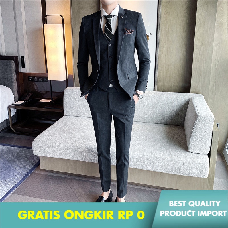 Jual Jas Setelan Pria Tiga Potong Slim-Fit Korea Pria Terbaik Groom ...