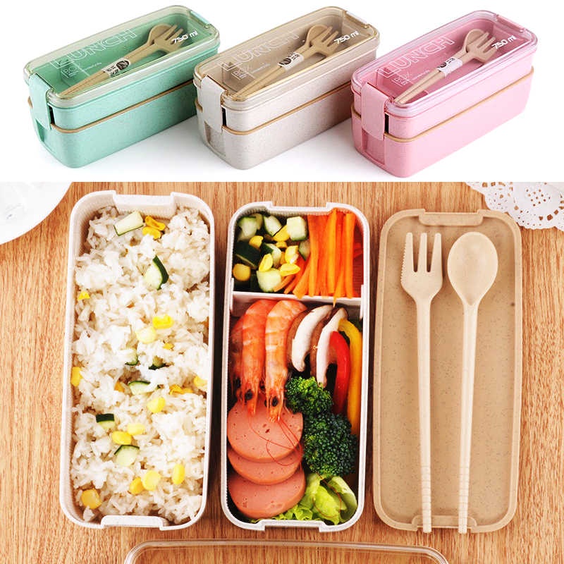 Jual LUNCH BOX 2 SUSUN JERAMI 750 ML FREE SENDOK GARPU / LUNCH BOX ...