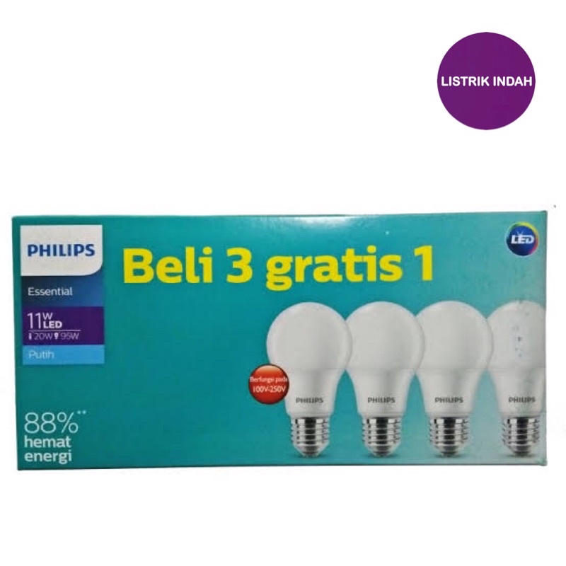 Jual Lampu Philips Led Essential 11W Promo (BELI 3 GRATIS 1) PUTIH Cool Daylight 6500K (Putih ...