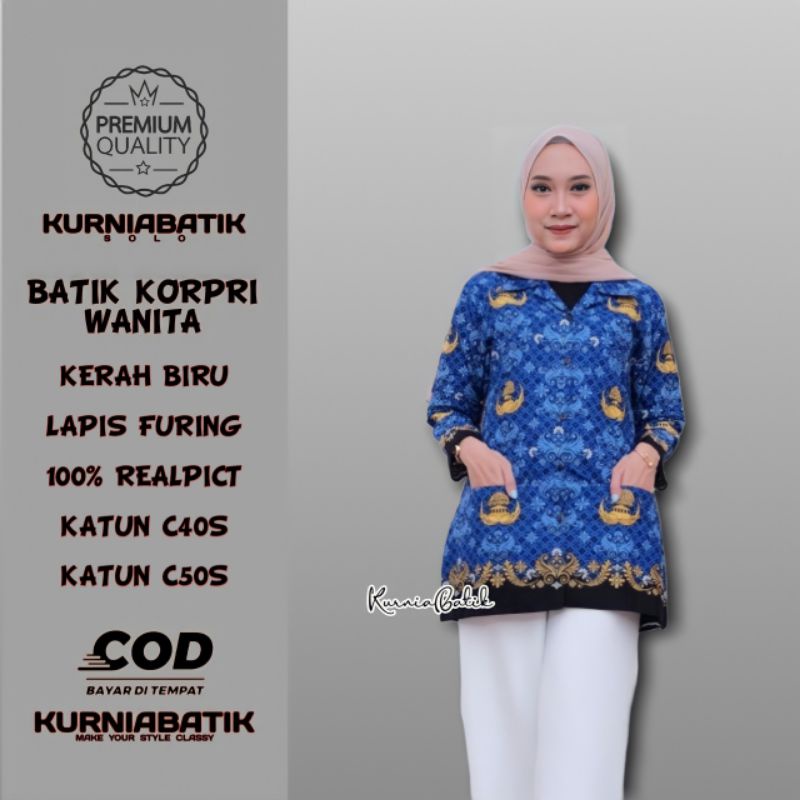 Jual Batik Korpri Wanita Terbaru Kerah Biru Seragam Korpri Cewek Lapis Furing Bahan Katun C50s ...