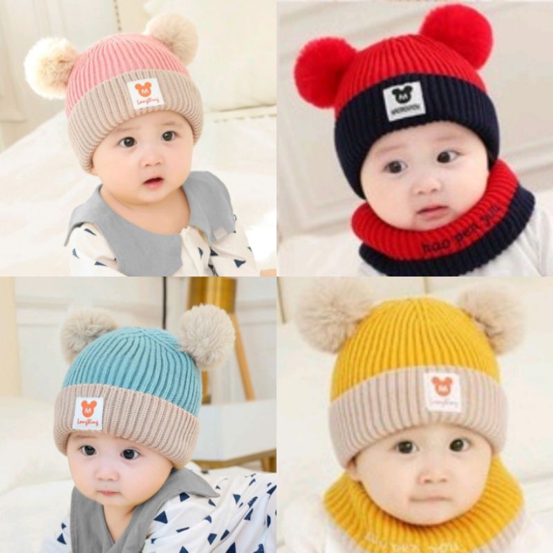 Jual KUPLUK BAYI DUA WARNA DENGAN HIASAN POMPOM/ KUPLUK LUCU / KUPLUK ...