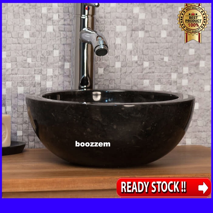 Jual wastafel batu marmer bulat 40cm black marble stone sink countertop ...