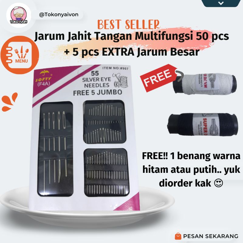 Jual Jarum Jahit Tangan (50 Pcs + 5 EXTRA Jarum Besar) FREE BENANG ...
