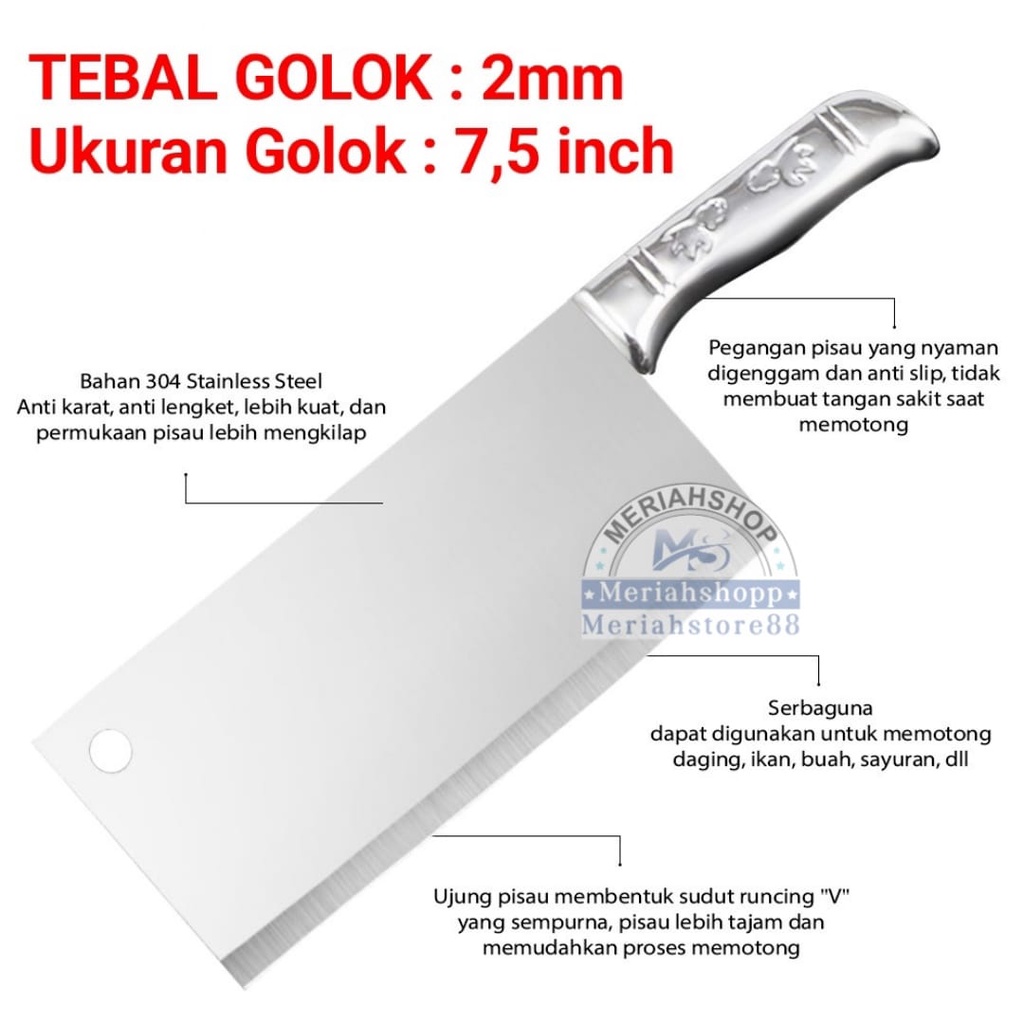 Jual Pisau Golok Parang daging tulang cincang 7,5 inch (Tebal 2mm ...