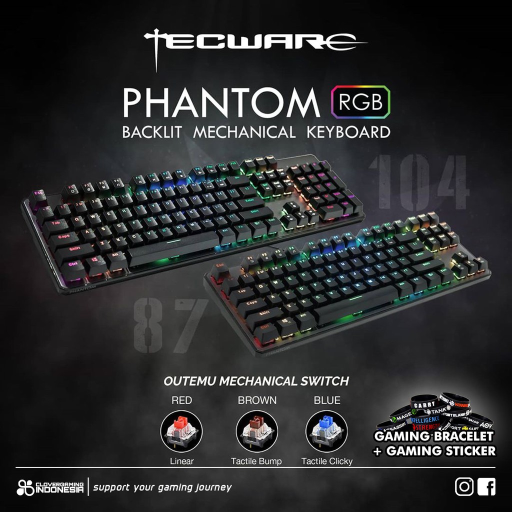 Tecware Phantom 87 Keys - Backlit Mechanical Ten Key Less Keyboard ...
