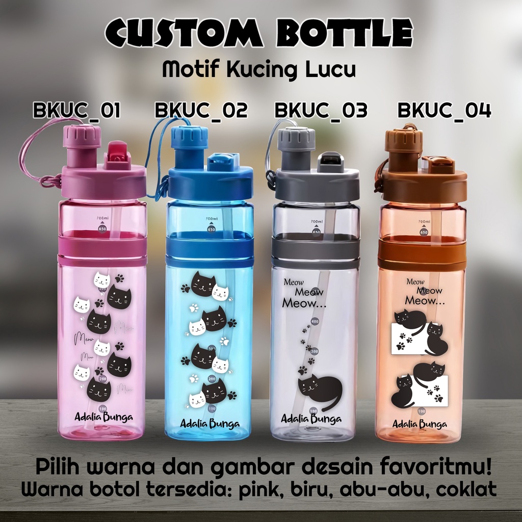 Jual Botol Minum 2in1 Gambar Motif Kucing Lucu - Bisa Custom Nama - Ukuran 700ml | Shopee Indonesia