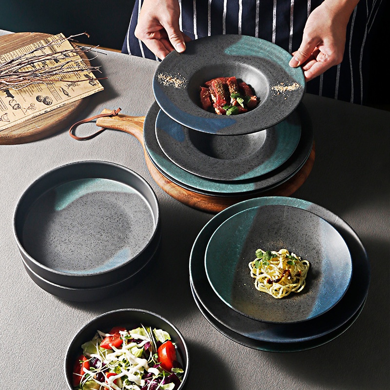 Jual Piring Makan Saji Melamin Aestetik Piring Nasi Round Plate Hitam ...