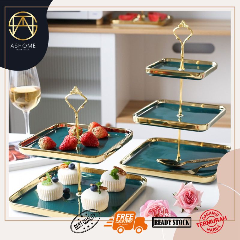 Jual ASHOME Piring Kue Tingkat Keramik Bentuk Kotak List Emas / Square List Gold Elegant / Wadah ...