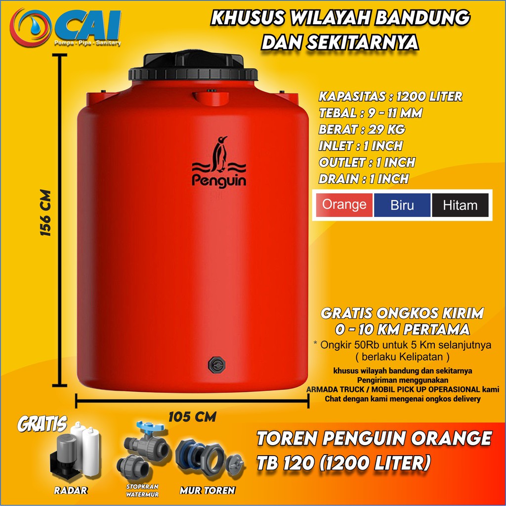 Jual TOREN TANGKI AIR - PENGUIN - TB120 - 1200 LITER - ORANGE | Shopee ...