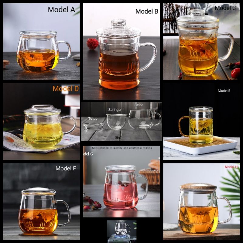 Jual Glass Tea Cup With infuser and lid/gelas teh dengan saringan dan ...