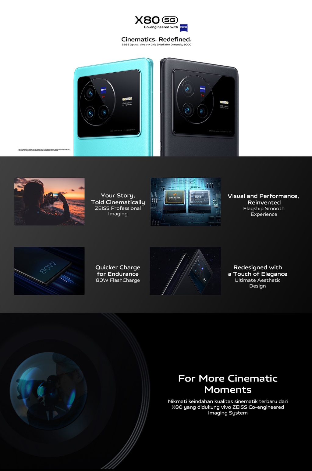 Promo vivo X80 (12/256) - ZEISS Optics, vivo V1+ Chip, Dimensity 9000, RAM 12GB, ROM 256GB, 80W ...