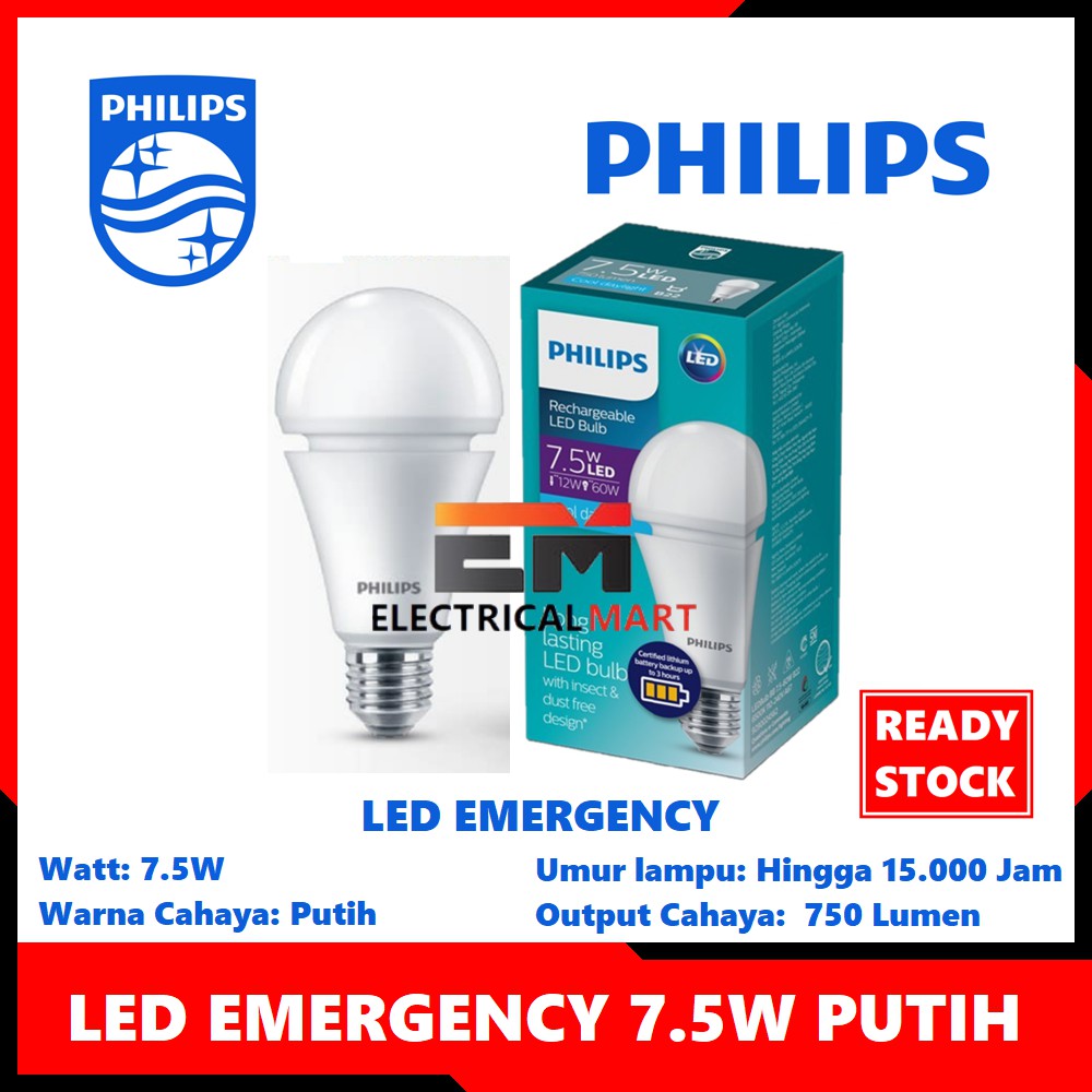 Jual Lampu Emergency LED Bulb Rechargeable Philips Led 7.5W 7.5 W Watt E27 Putih Cool Daylight 7 ...