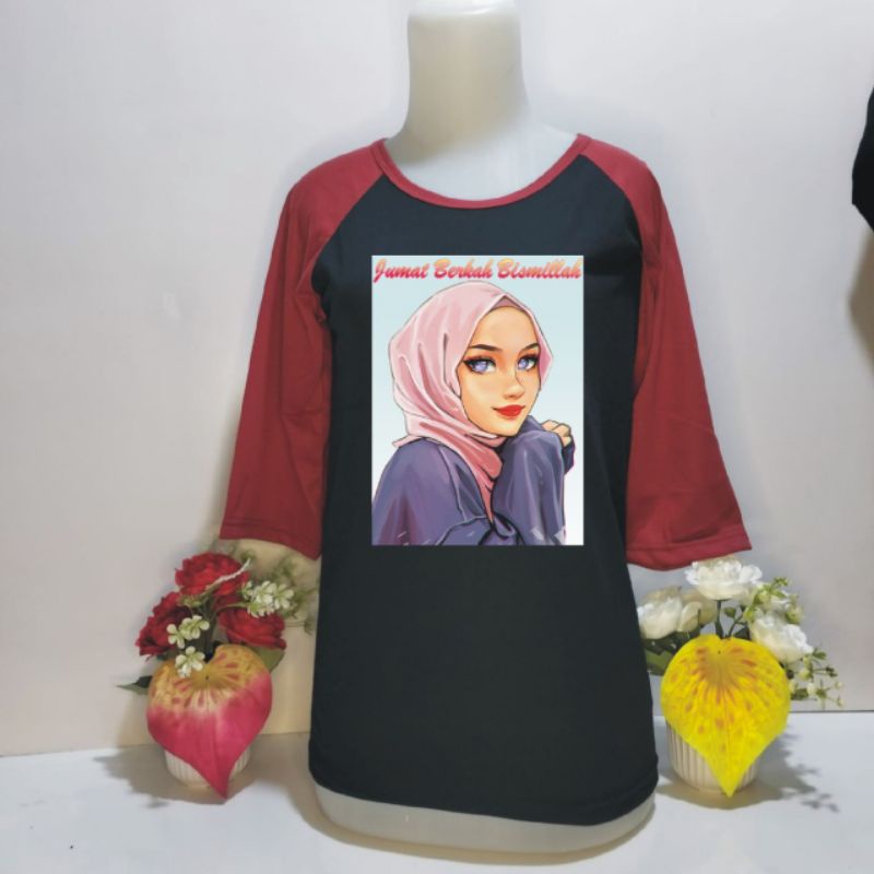 Jual Kaos Kombinasi Warna Lengan Pendek Ada Gambar Cewe Cantik Berhijab Jumat Berkah Bismillah ...
