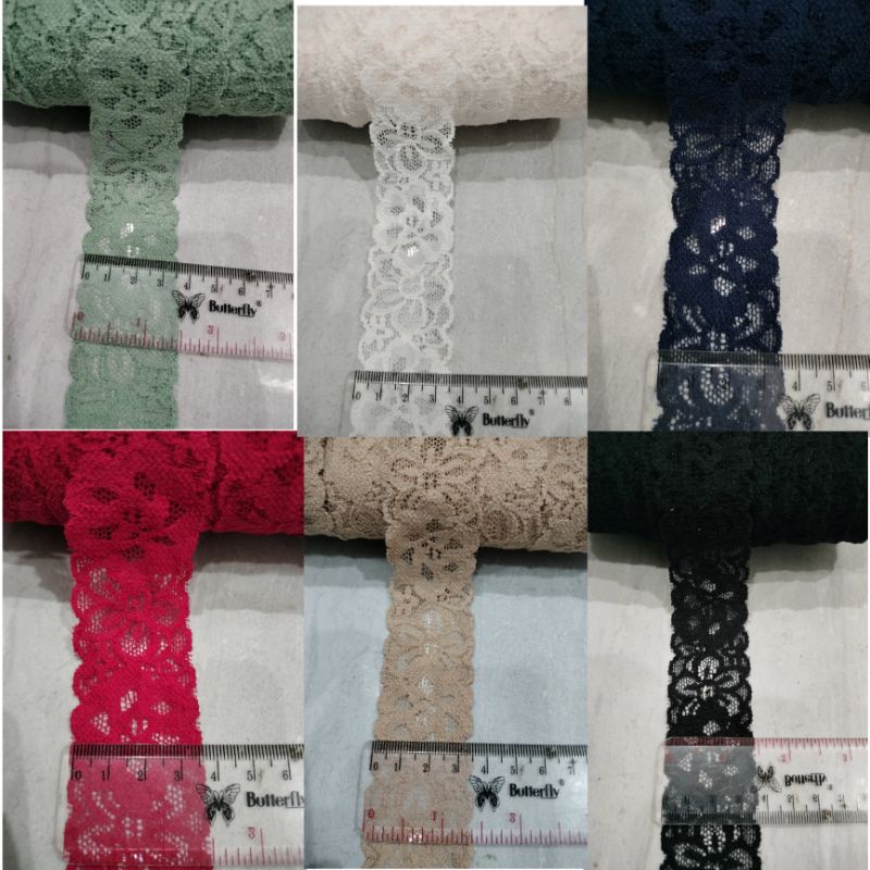 Jual renda setrch/renda elastis lebar 3,5cm varian warna harga per ...