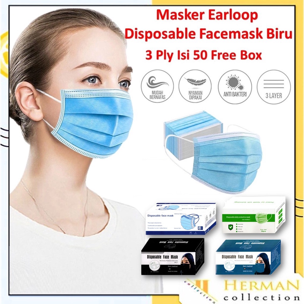 Jual HC Masker Disposable Facemask 3 Layer Mask Isi 50 Pcs Box Masker ...