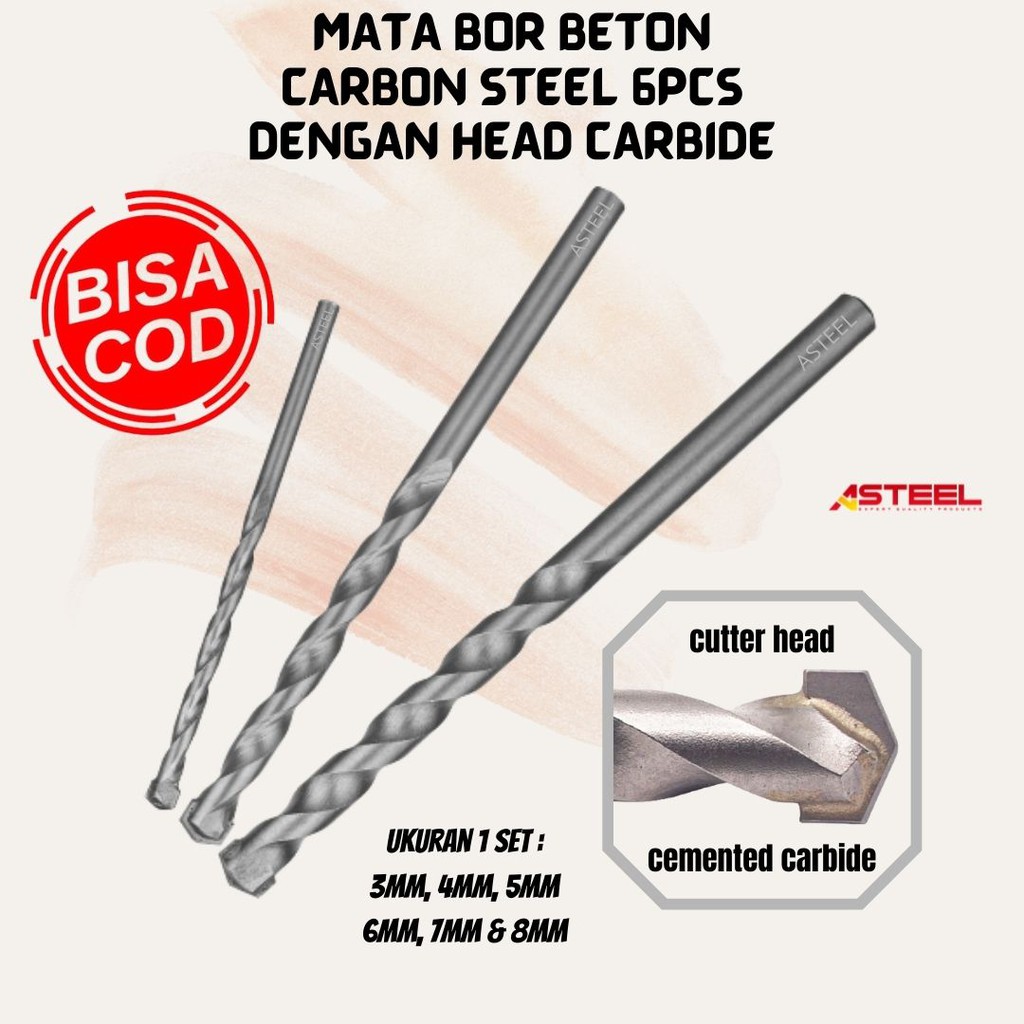 Jual Mata Bor Beton Set 6pcs Asteel -Mata Bor Beton Cemented Carbide ...