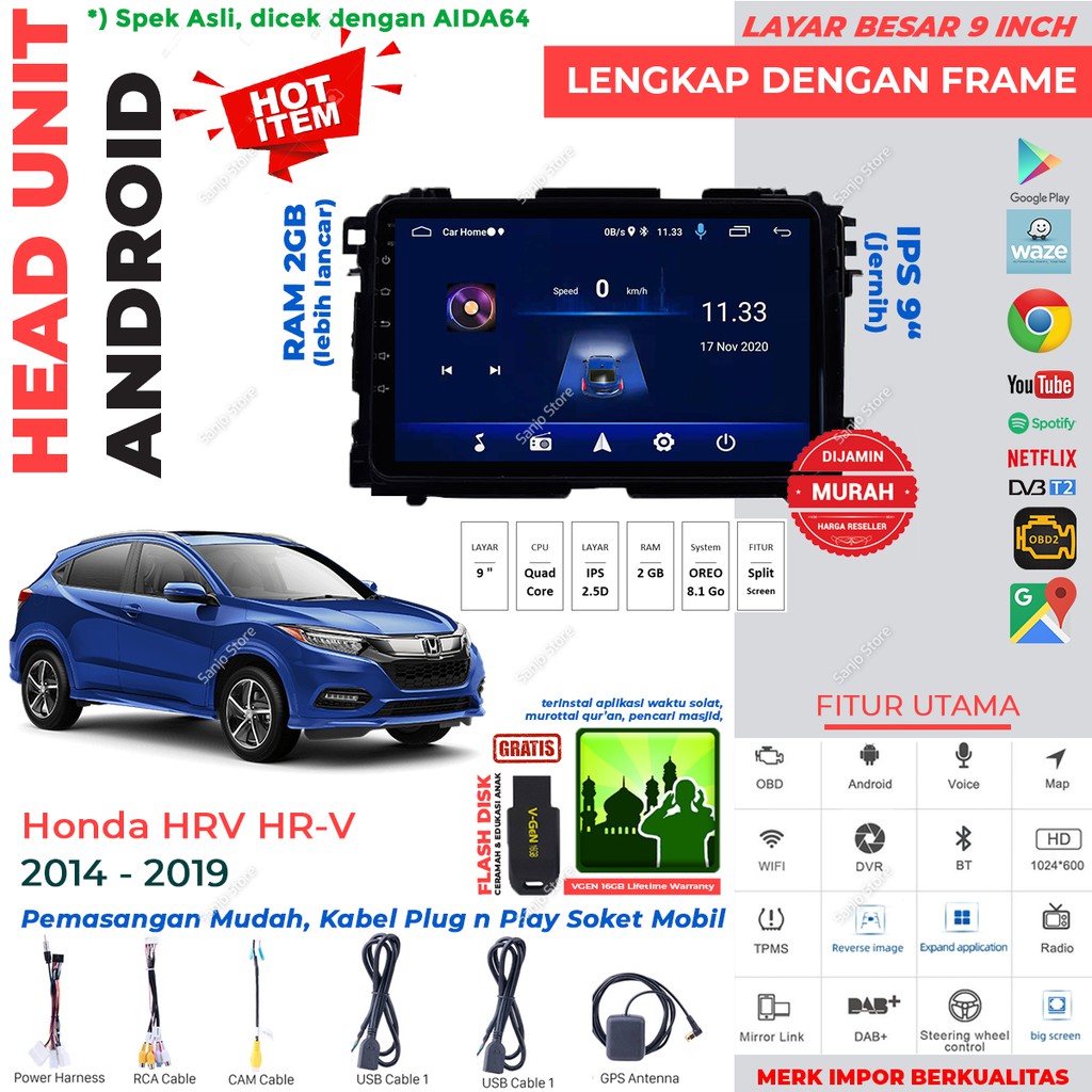 Jual Head Unit Android 9 inch Honda HRV HR-V 2014 RAM 2GB 2.5D Split ...