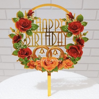 Jual Topper happy birthday desain bunga akrilik / topper hbd cake kue ...