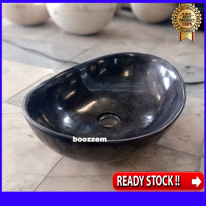 Jual wastafel batu marmer oval 40cm glossy sink black marble stone ...