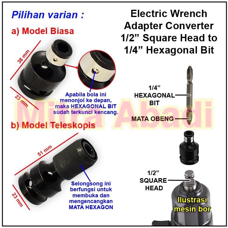 Jual Electric Wrench Adapter Converter 1/2" SQUARE HEAD - 1/4" HEX BIT ...