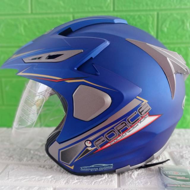 Jual Helm Force Half Face Double Visor SNI Smart lock Blue Doff ...