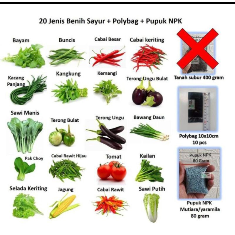 Jual Paket 25 jenis benih Sayur + polibag + pupuk npk | Shopee Indonesia